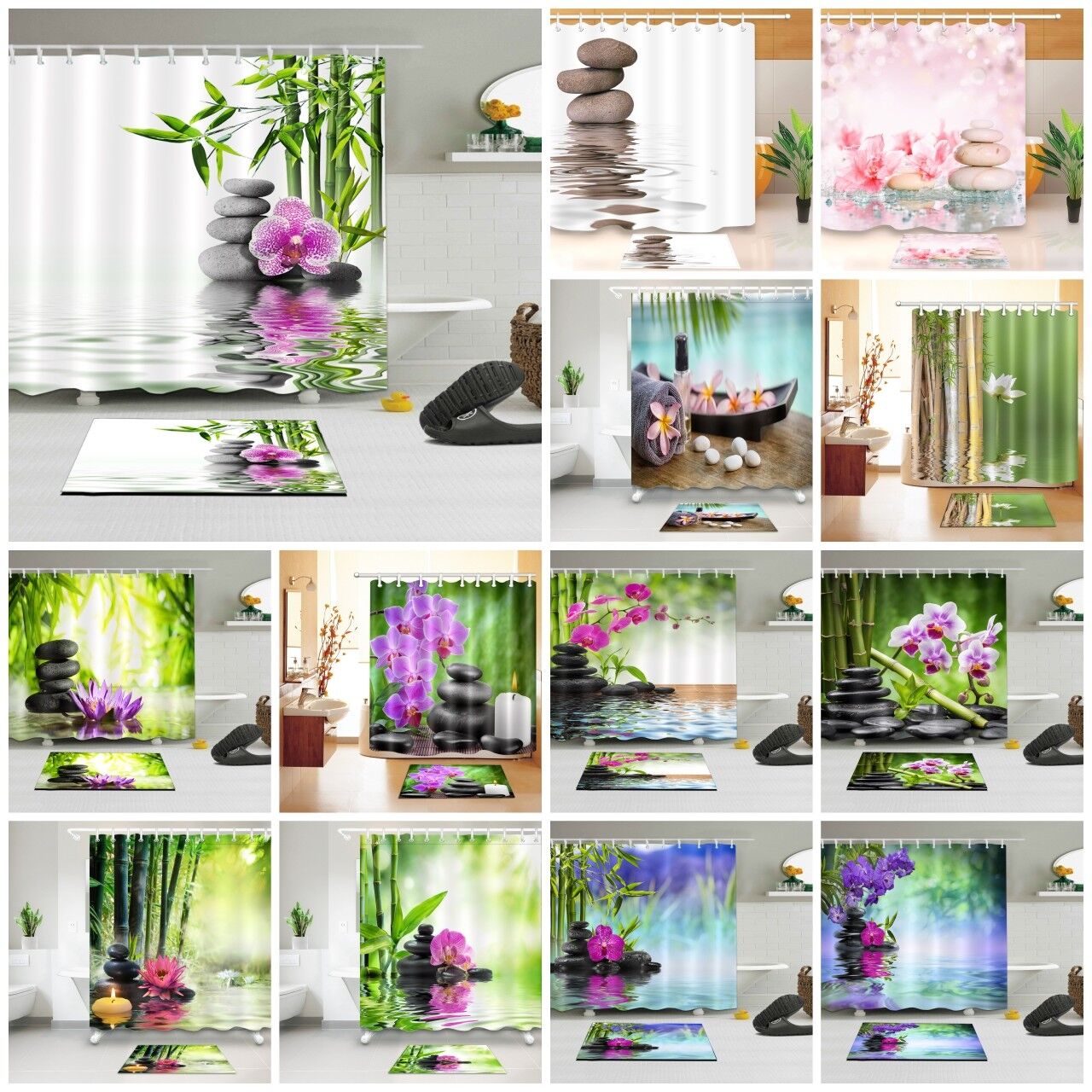 Zen Garden Flowers Shower Curtain Leisure Spa Waterproof Bathroom Hooks ...