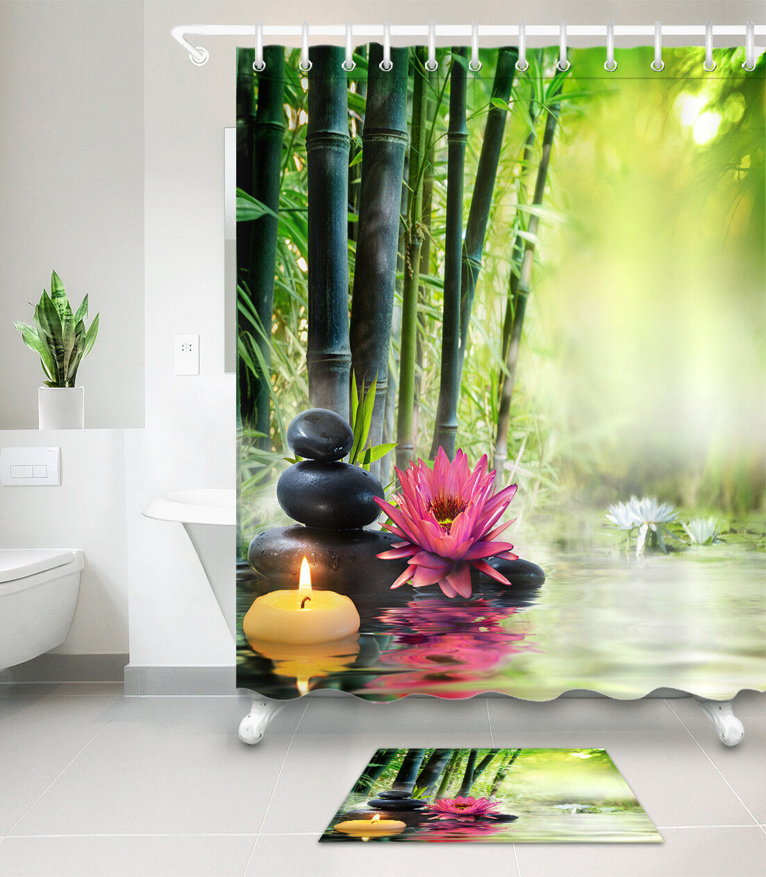 Zen Garden Flowers Shower Curtain Leisure Spa Waterproof Bathroom Hooks ...