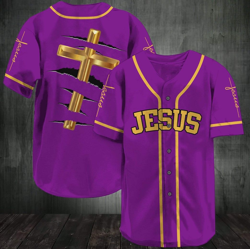 Amazing Jesus Cross Purple Personalized 3d Baseball Jersey - Bluefink