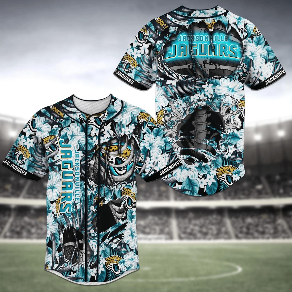 Jacksonville Jaguars NFL Baseball Jersey Shirt with Flower Skeleton Design - Bluefink