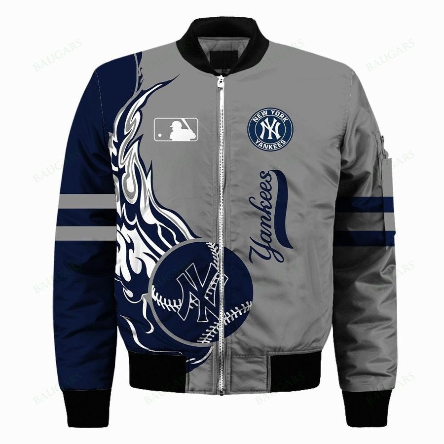 MLB New York Yankees Gray Blue Bomber Jacket - Bluefink
