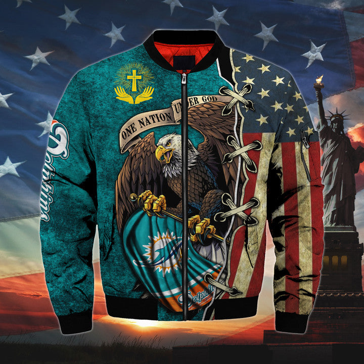 Men’s One Nation Under God Miami Dolphins Bomber Jackets - Bluefink
