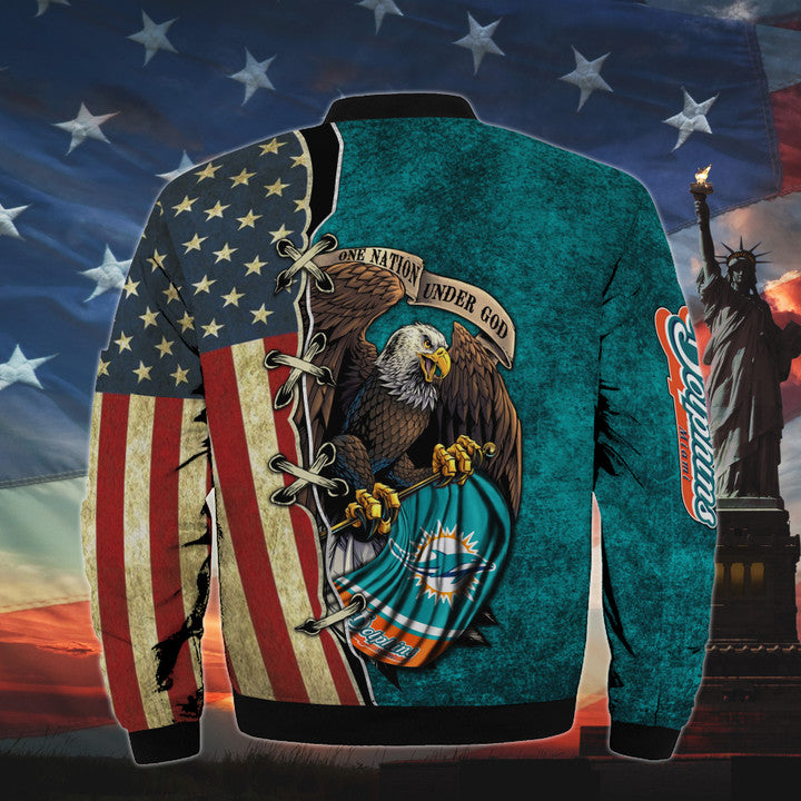 Men’s One Nation Under God Miami Dolphins Bomber Jackets - Bluefink
