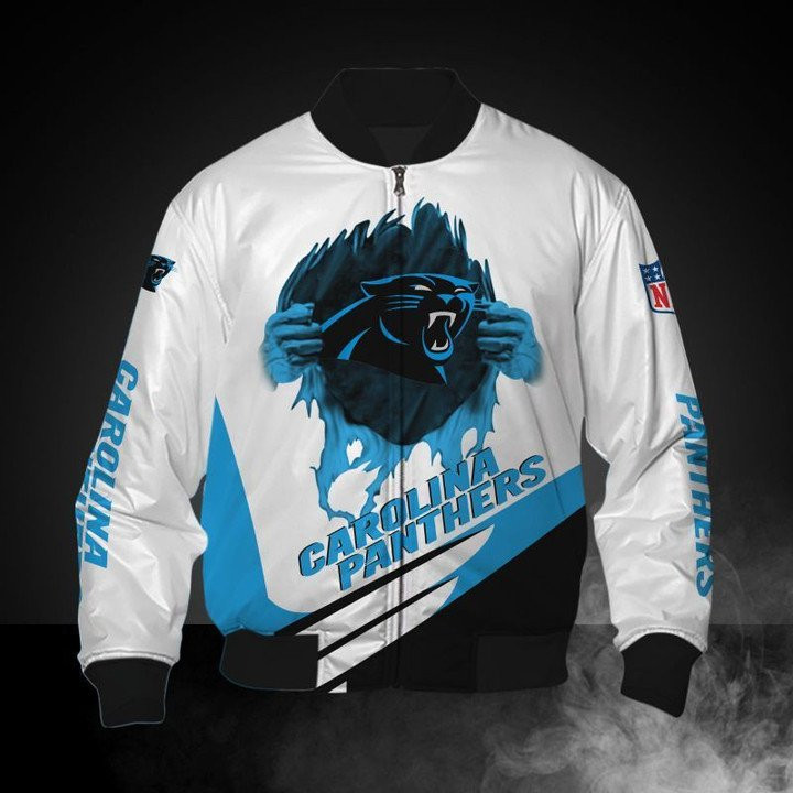 NFL Carolina Panthers White Blue Bomber Jacket - Bluefink