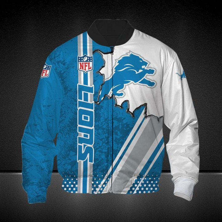 NFL Detroit Lions Blue White Bomber Jacket V3 - Bluefink