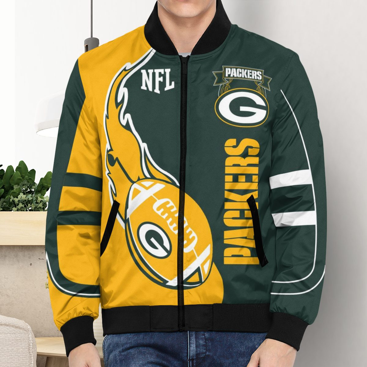 NFL Green Bay Packers Gold Green Bomber Jacket - Bluefink