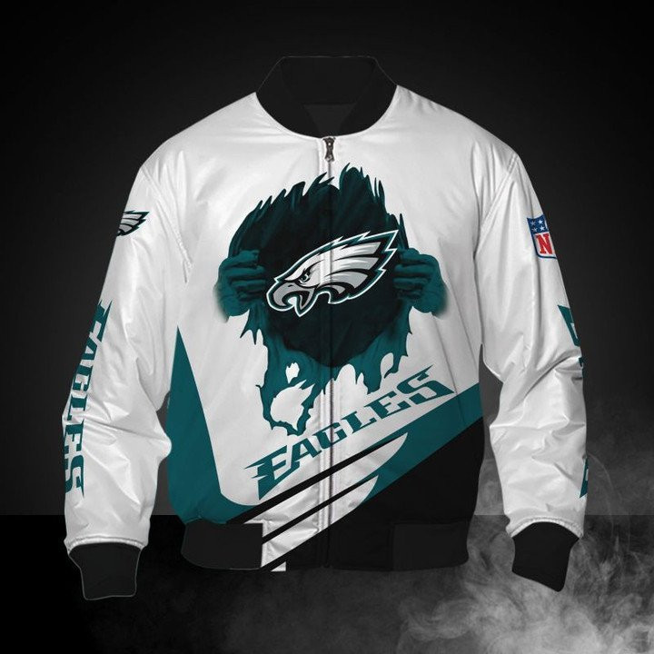 NFL Philadelphia Eagles White Green Logo Bomber Jacket - Bluefink