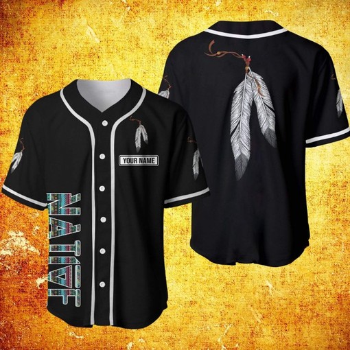 Personalized Name Native American Feather Black Baseball Jersey - Bluefink