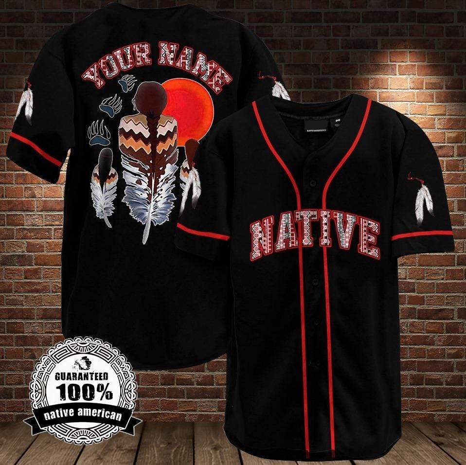 Personalized Name Native American Feather Red Black Baseball Jersey ...